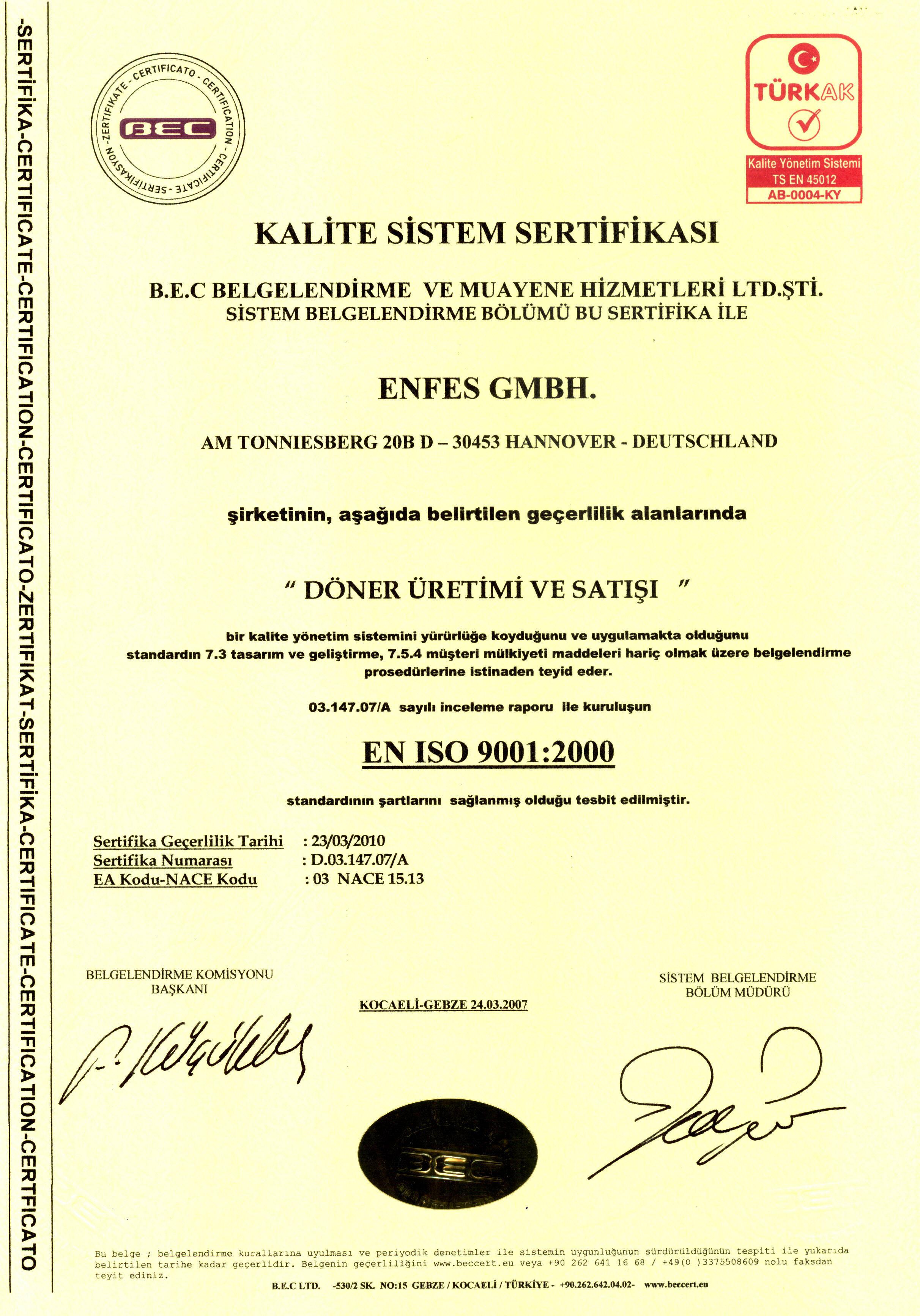 Enfes Zertifikate – ENFES Döner Produktion